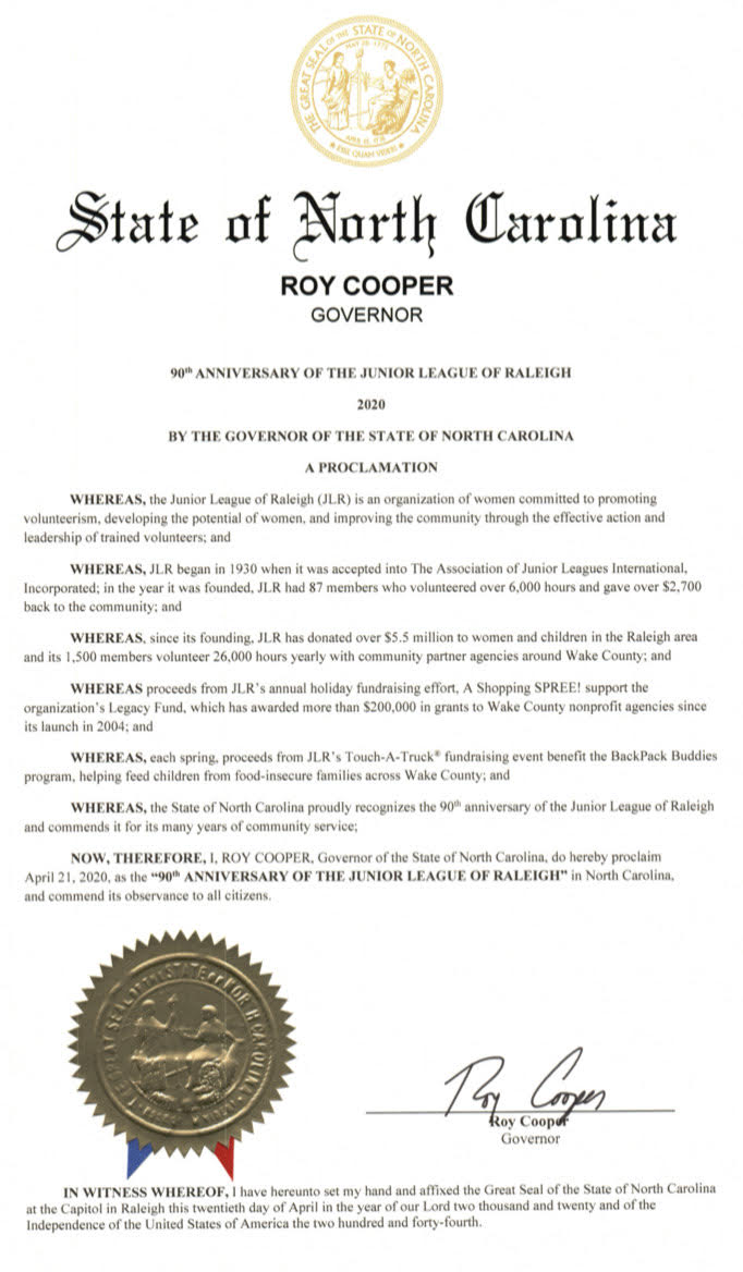 NC Governor’s 90th Anniversary Proclamation – Junior League of Raleigh